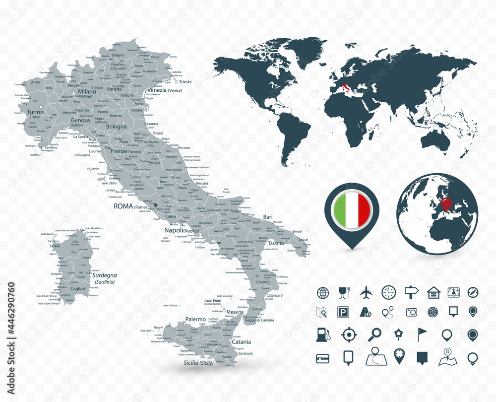 Italy Map and World Map isolated on transparent background Stock Vector ...