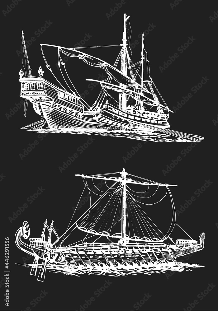 Galley of the ancient Greeks. Wooden sailboat with oars. Graphic hand ...