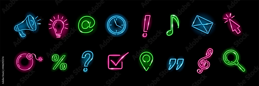 Set of neon icons isolated on black background for social media or ...
