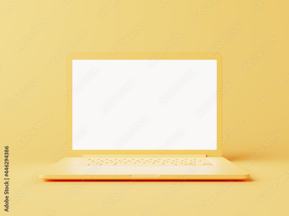 Yellow laptop on yellow background. Bright shining white screen of ...