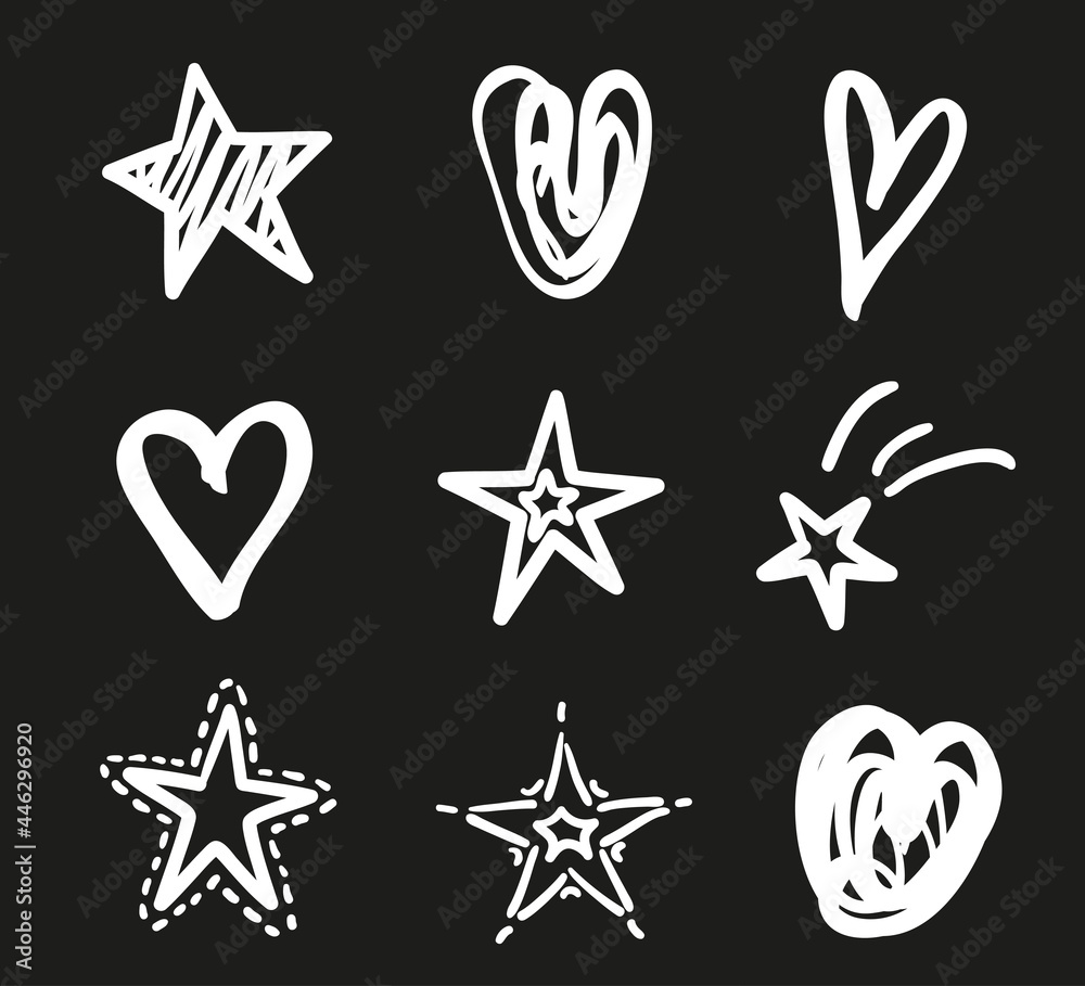 Hand drawn white stars and hearts on isolated black background ...