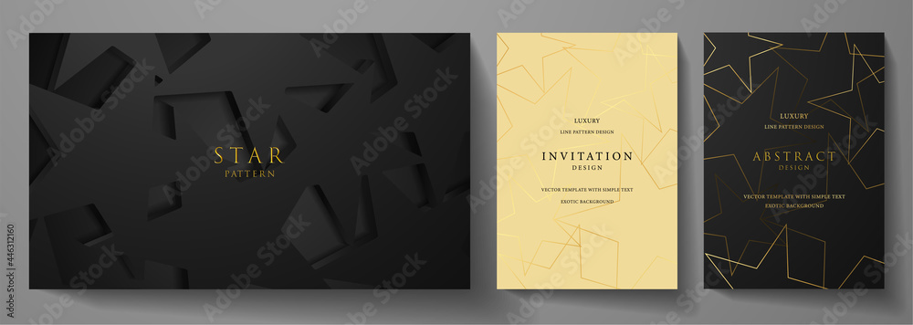 Black star invitation, cover design set. Luxury gold line star pattern ...