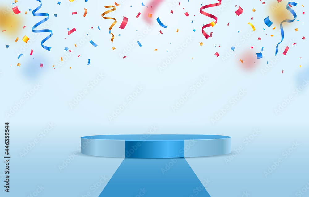 Blue stage podium with falling down colorful confetti on light ...