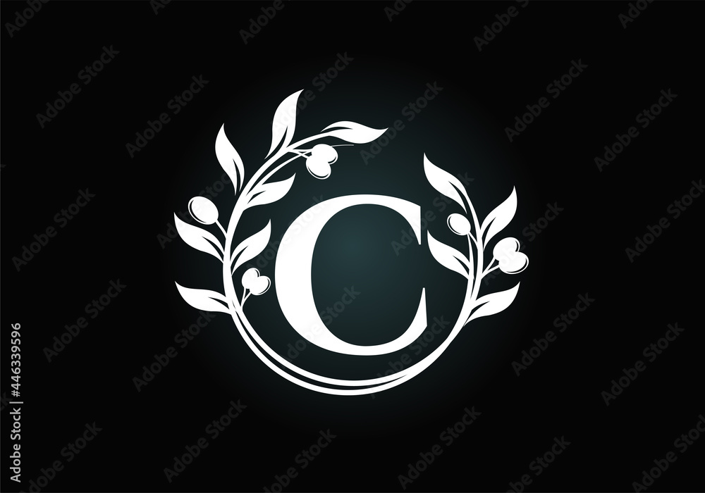 Initial letter C sign symbol with olive branch wreath. Round floral ...