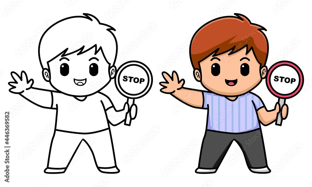 boy holding stop sign board coloring page for kids Stock Vector | Adobe ...