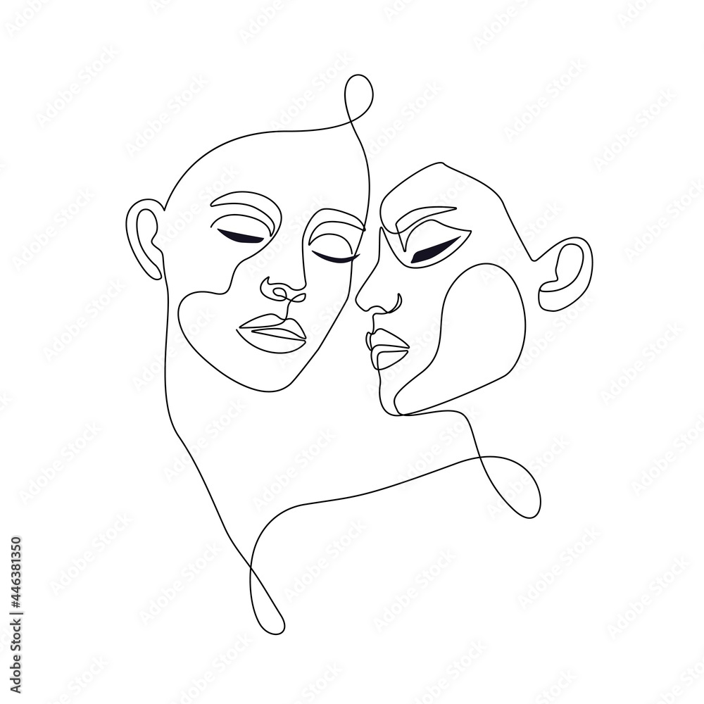 Vetor De Female Faces Couple Line Art Drawing Women Couple One Line