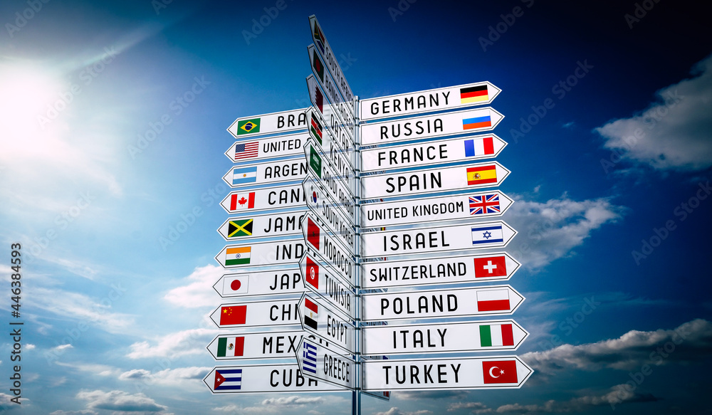 Signpost with national flags of different countries, sky in background ...