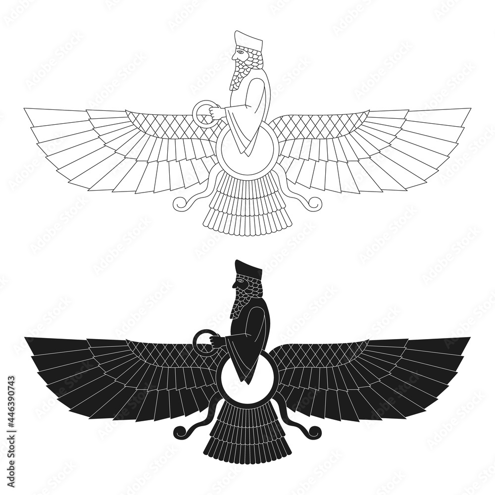 vector monochrome icon with ancient sumerian symbol Faravahar for your ...