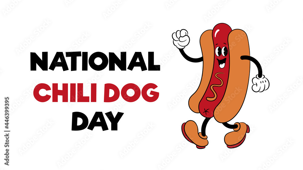 National Chili Dog Day July 29. Cartoon hot dog with mustard, lettering ...
