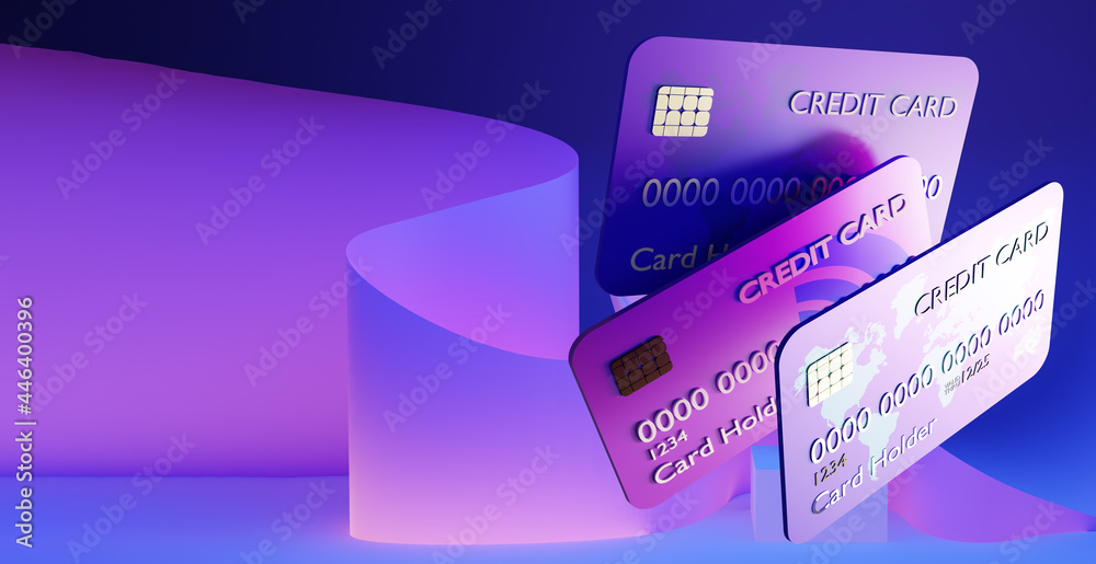 Purple background with credit cards. Credit card layouts on the podium ...
