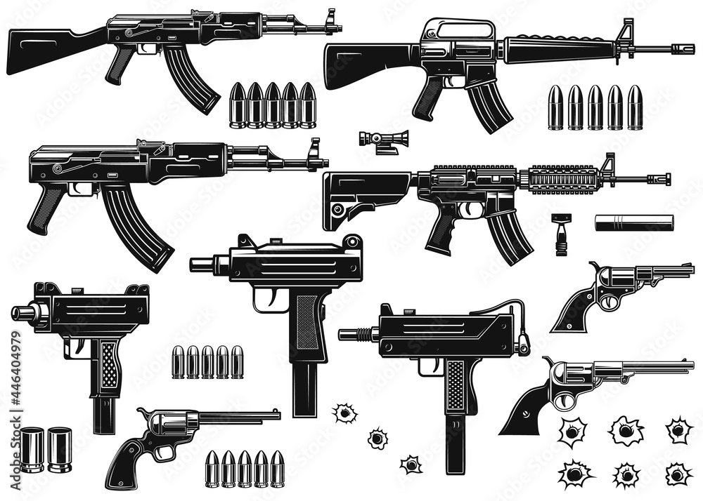 Set of illustrations of weapon. Assault rifle, uzi, revolvers, handgun ...