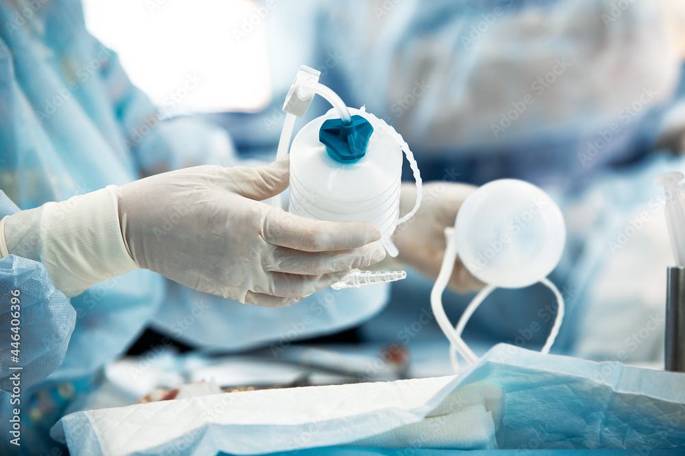 Mamoplasty, breast reconstruction, the surgeon's hands place an ...