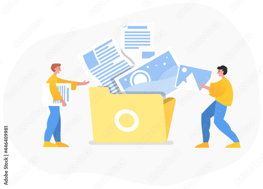 Personal cloud file storage or file sharing. Two people stand near big ...