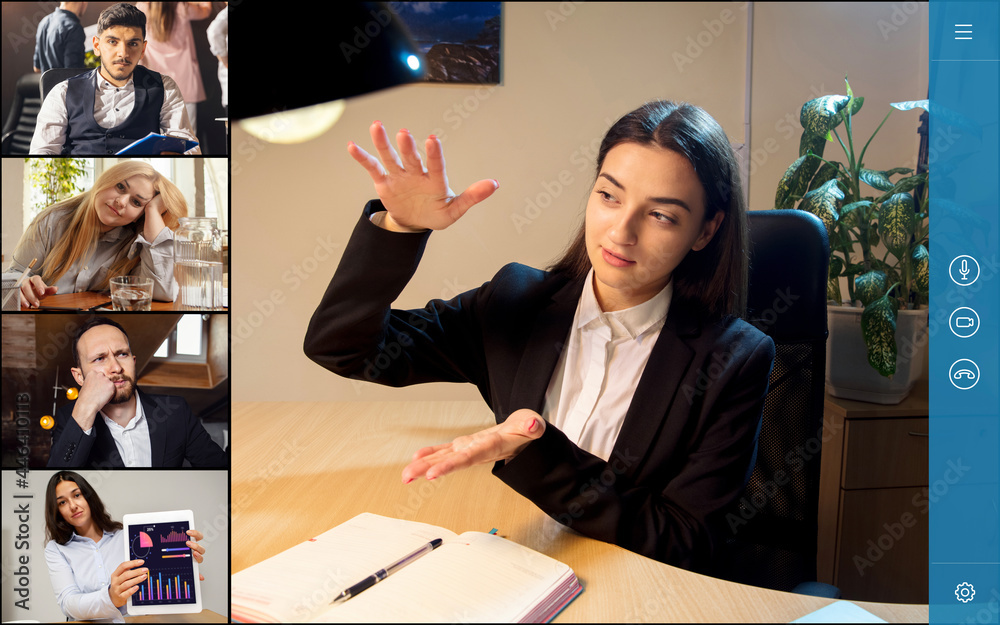 Consultation. Team working by group video call share ideas ...