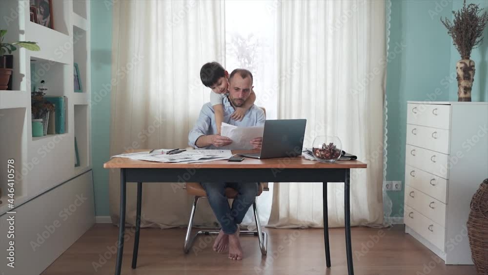 Parent working from home. SLOW MOTION Remote work. Family on self ...