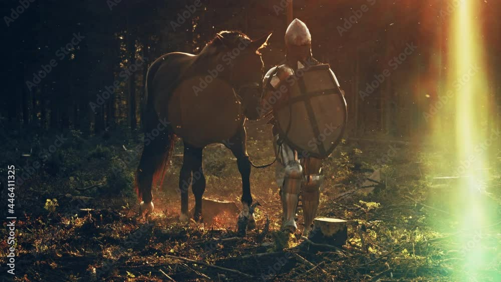 Medieval Knight Leading His Horse into the Battle to Fight. Warrior in ...