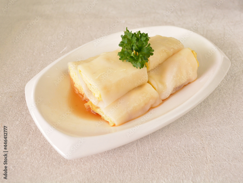 steamed rice vermicelli noodle roll wrapped with char siew prawn meat ...