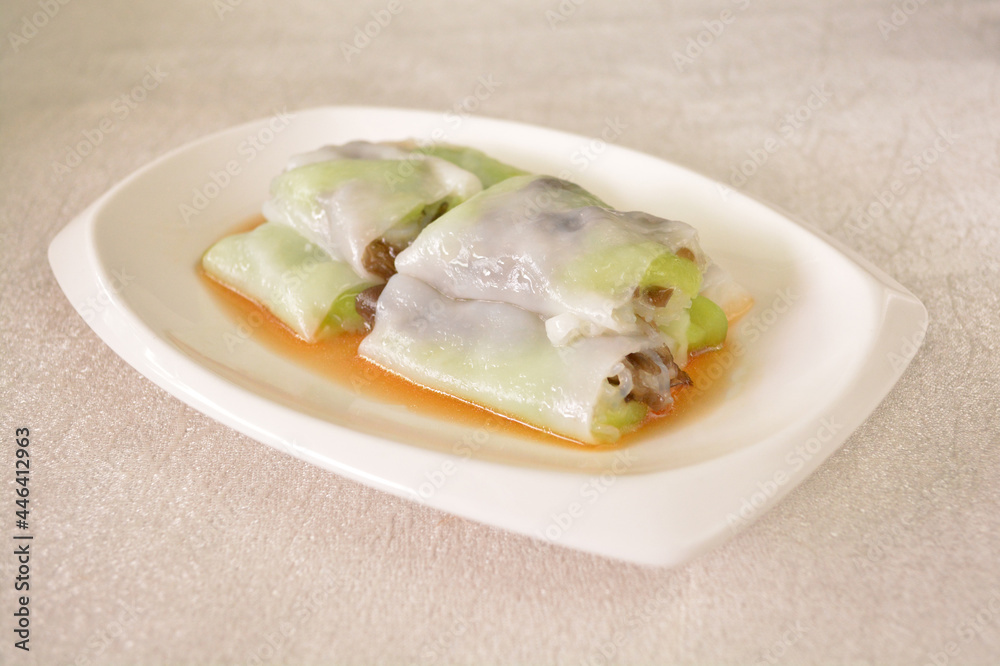 steamed rice vermicelli noodle roll wrapped with char siew prawn meat ...