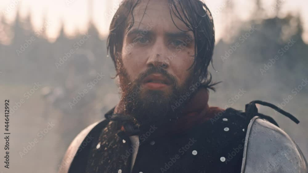 Handsome Medieval Knight King on Battlefield, Looking at Camera ...