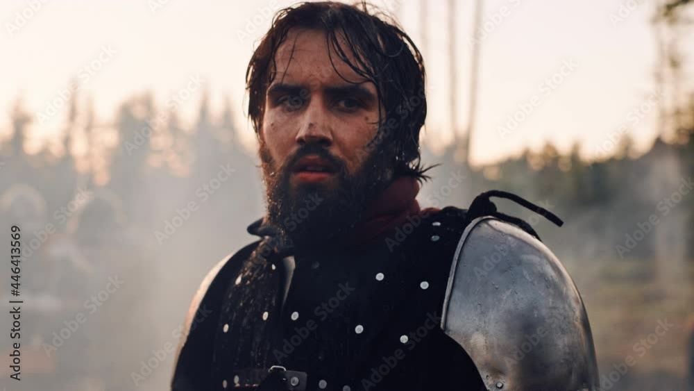 Handsome Medieval Knight King on Battlefield, Looking at Camera ...