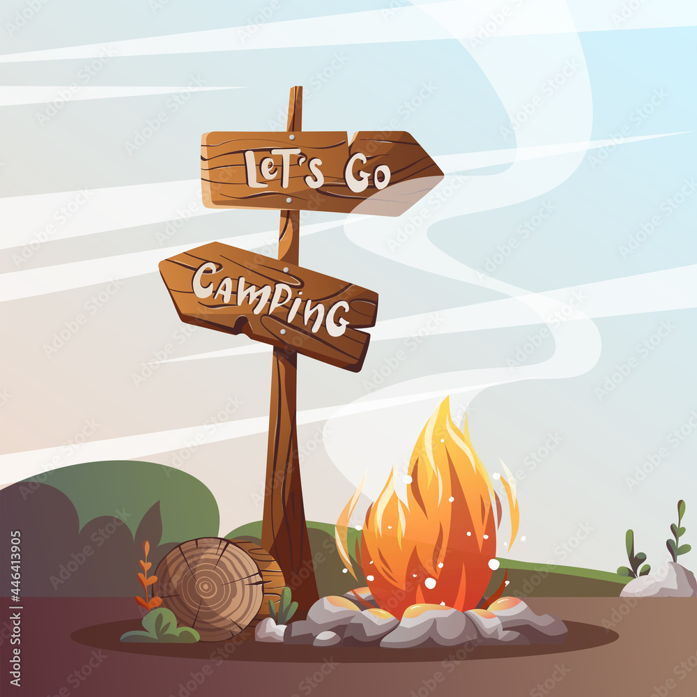 Campfire and "let's go camping" guidepost. Camping, traveling, trip ...