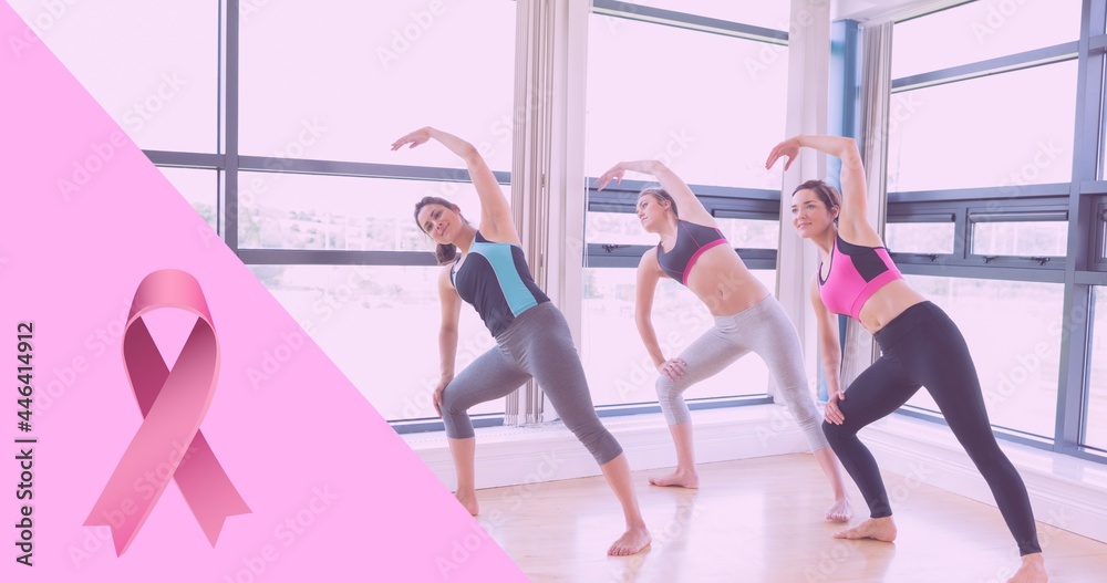 Composition of pink ribbon logo and breast cancer text, with diverse ...