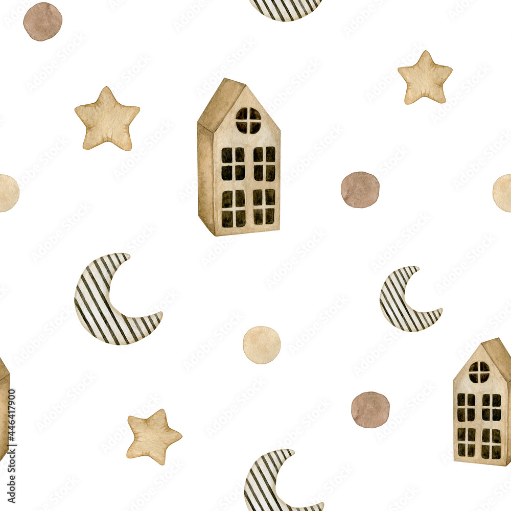 Watercolor Seamless Pattern With Craft Paper House Striped Moon And watercolor-seamless-pattern-with-craft-paper-house-striped-moon-and