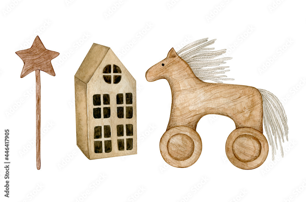Watercolor illustration set with wood decor toys, nursery decor. Hand ...