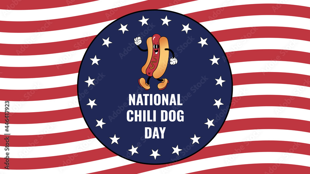 National Chili Dog Day July 29. Cartoon hot dog with mustard, lettering ...