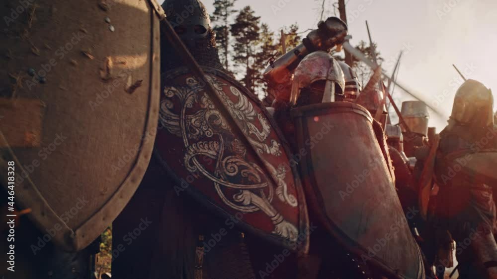 Epic Invading Army of Medieval Knights on Battlefield. Armored Soldiers ...