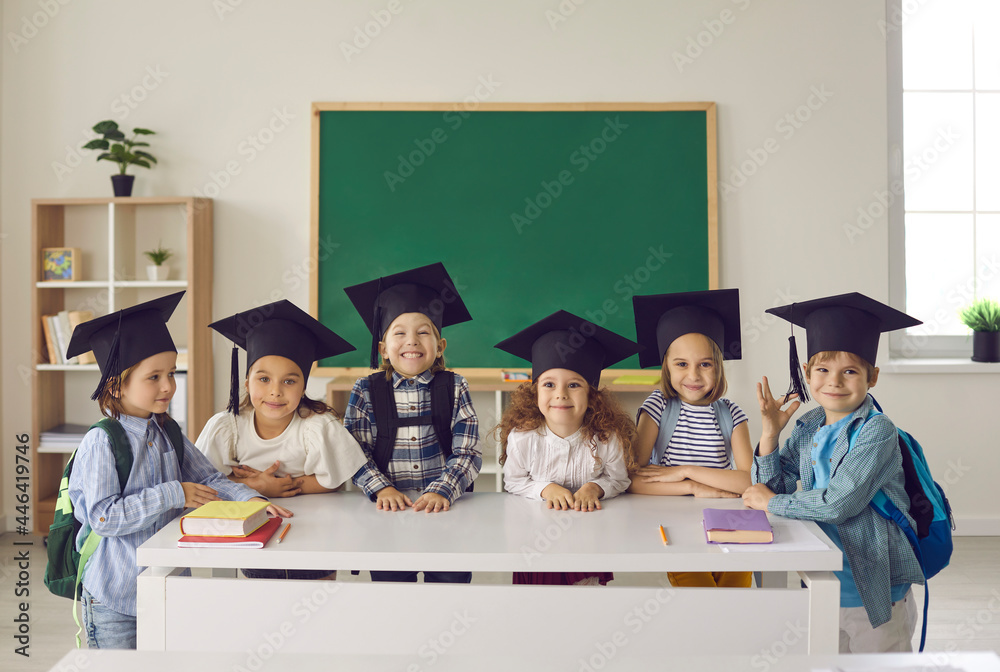 Group portrait of cute school kids. Happy little children in academic ...