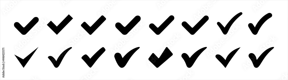 black check mark icon set isolated on white background. circle tick ...
