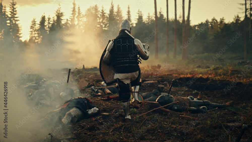Medieval Knight Walking on Battlefield amidst Dead Enemies. Surviving ...
