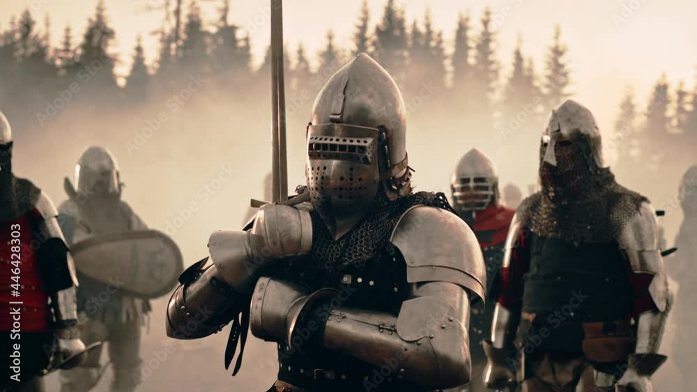 Epic Battlefield: Portrait of Knight Leader Wearing Helmet, Holding ...