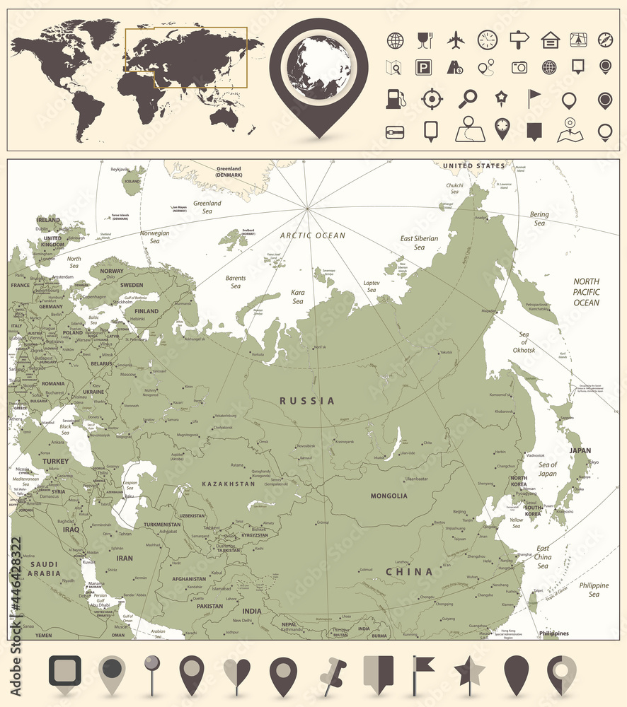 Eurasia map and World Map with navigation icons Stock Vector | Adobe Stock