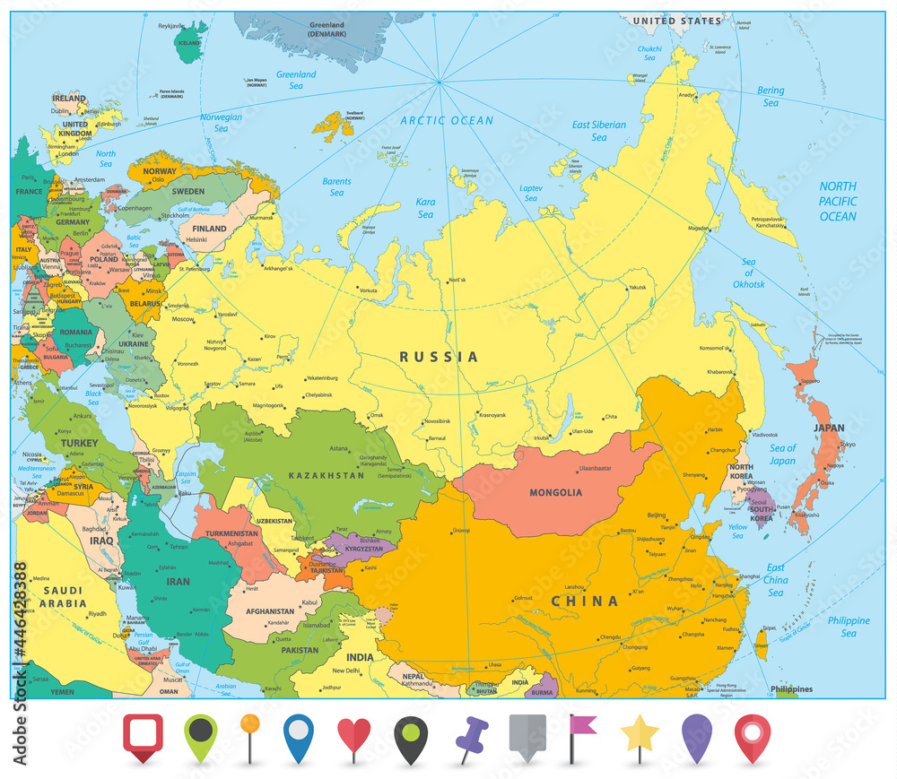 Eurasia political map and flat map pointers Stock Vector | Adobe Stock