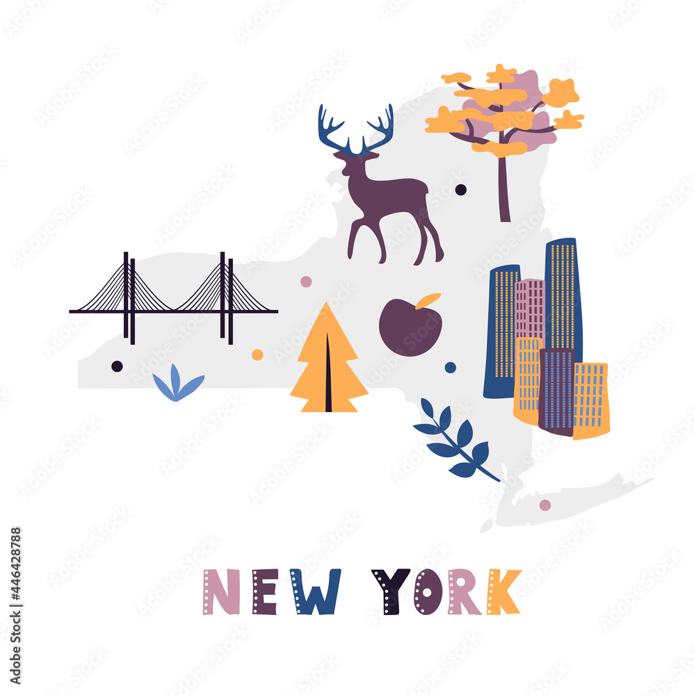 USA map collection. State symbols and nature on gray state silhouette ...