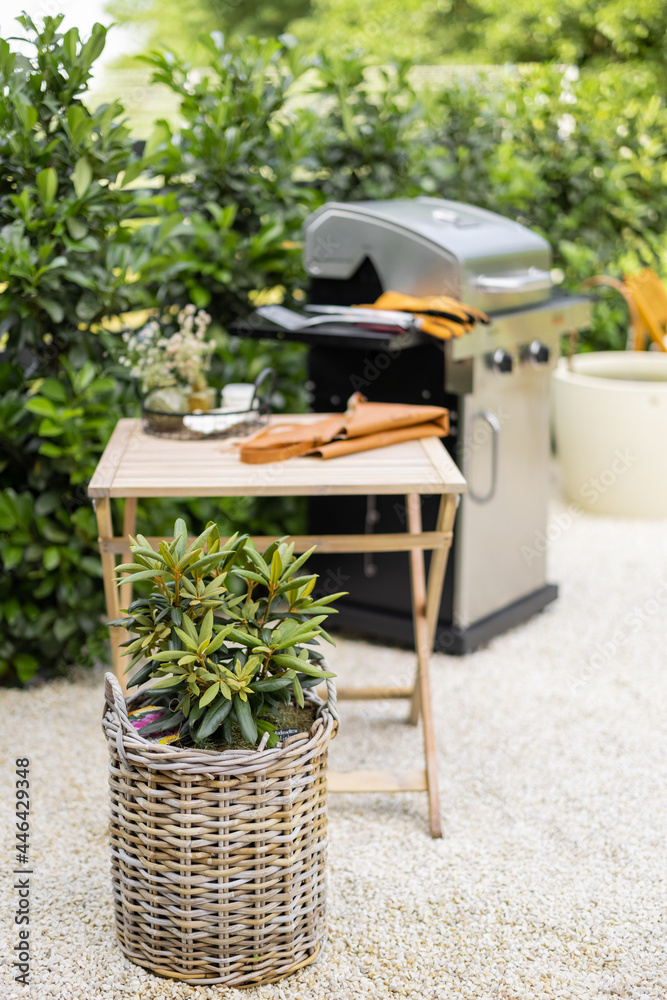 Beautiful backyard with barbeque area and dining table Stock Photo ...