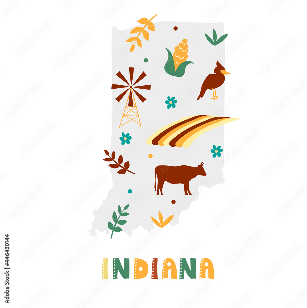 USA map collection. State symbols and nature on gray state silhouette ...