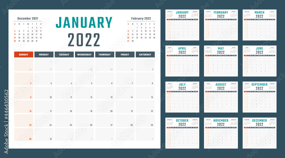 2022 year calendar, calendar design for 2022 starts sunday Stock Vector ...