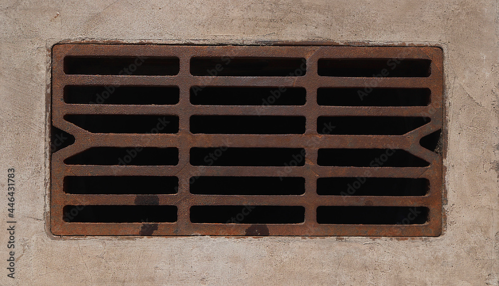Closeup iron grate of drainage system, image of storm water sewer ...