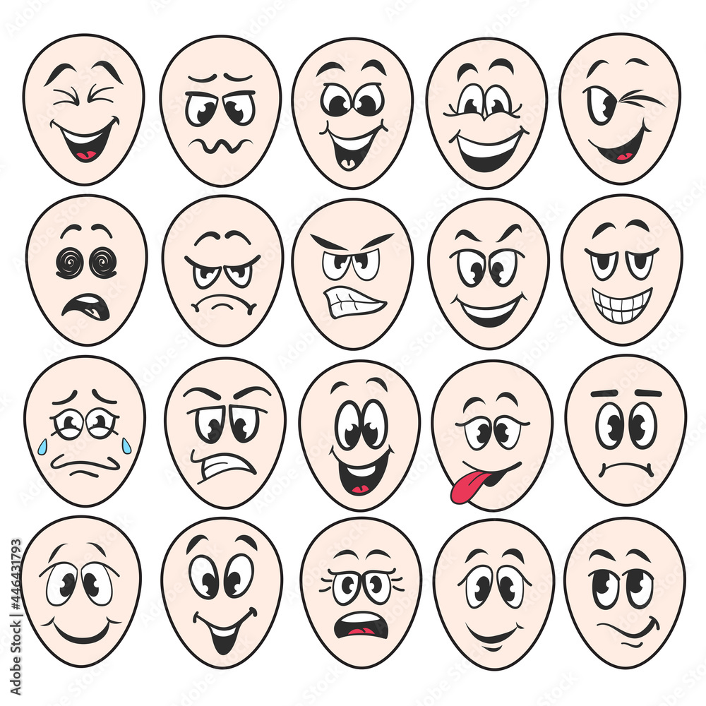 Cartoon faces smiles. Expressive eyes and mouth, smiling, crying and ...