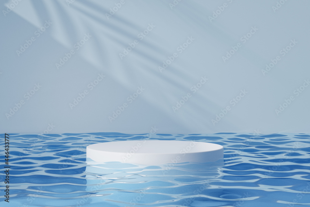 Cosmetic display product stand, white round cylinder podium on blue ...