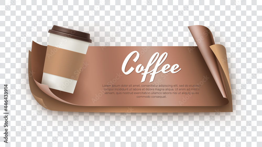 Coffee realistic banner with takeaway cup of coffee. Cafe, shop ...