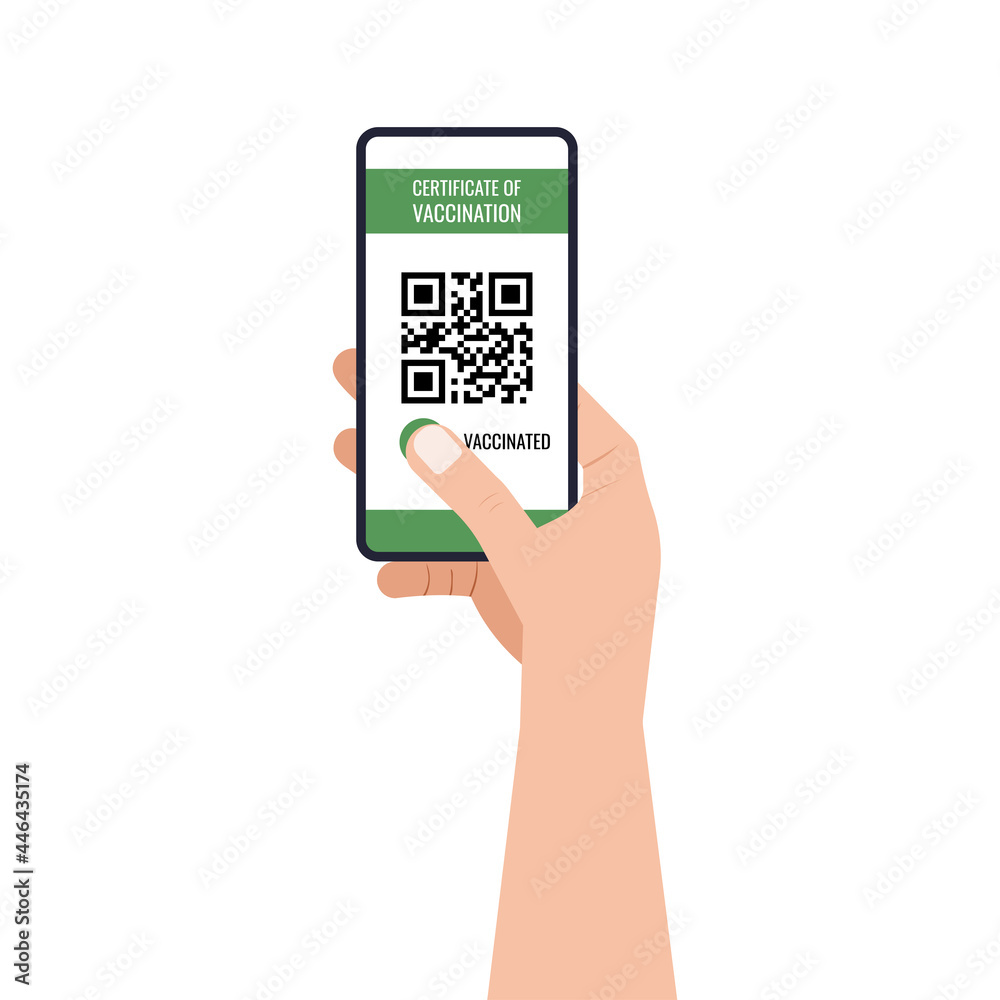 Certificate of vaccination on mobile phone screen in hand with qr-code ...