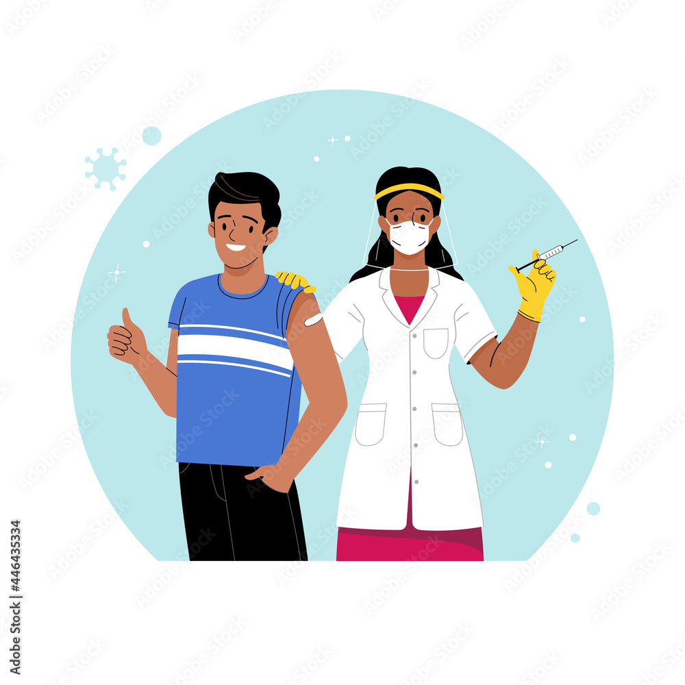 Vaccination against coronavirus. Vector illustration of cartoon Indian ...