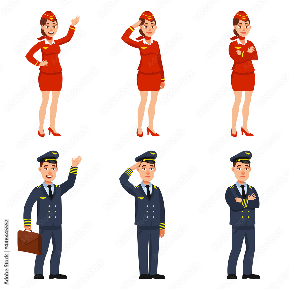 Airplane pilot and stewardess in different poses. Male and female ...