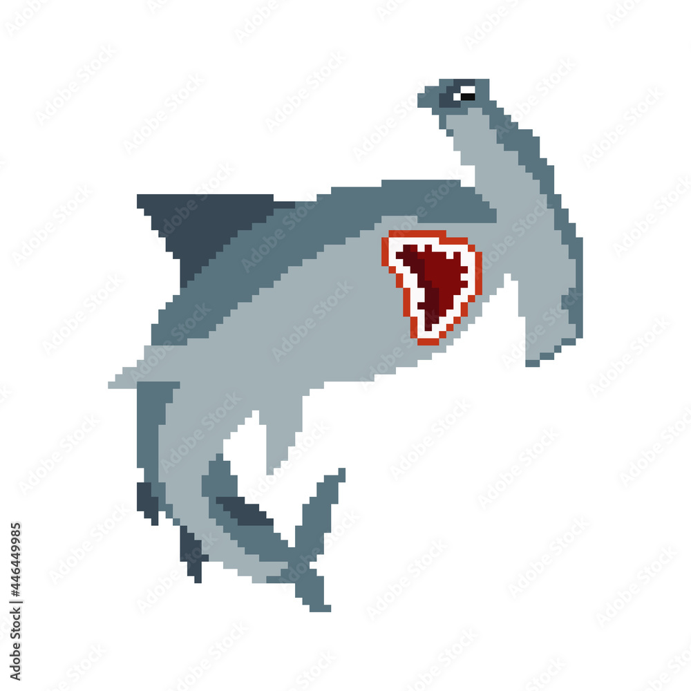 Hammerhead shark pixel art. 8 bit Fish hammer. marine predator vector ...