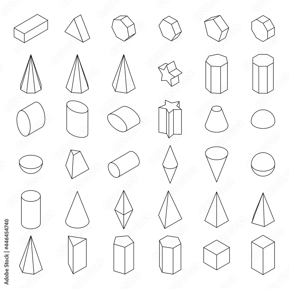 Set of 3d geometric shapes. Isometric view. Linear shapes for education ...