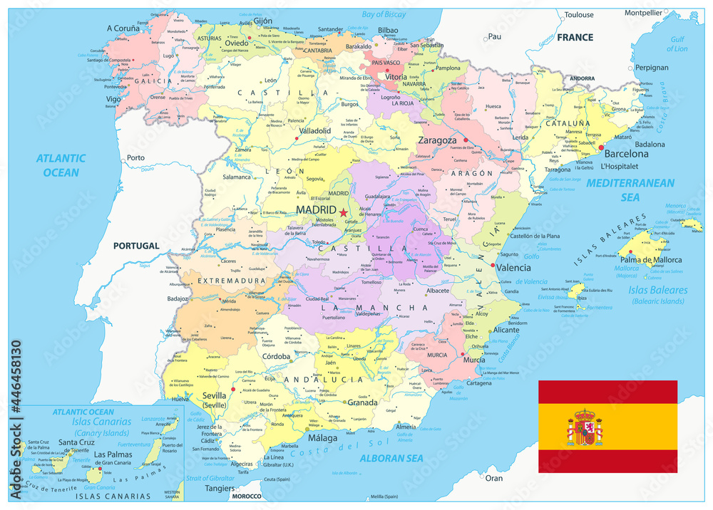 Detailed Political Map of Spain Stock Vector | Adobe Stock